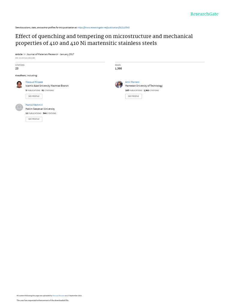 Effect of Quenching and Tempering On Microstructure and Mechanical Properties of 410 and 410 Ni ...