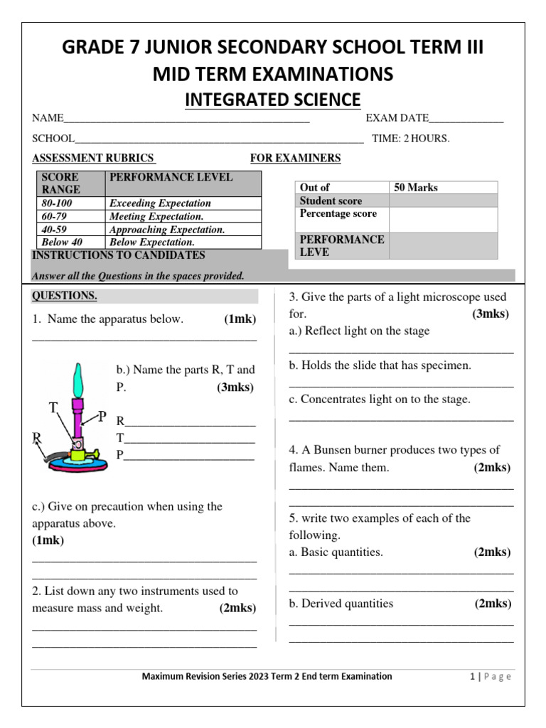 2023 JSS-G7 Term 3 Integrated Science MidTerm Exam | PDF | Physical Sciences | Physical Quantities