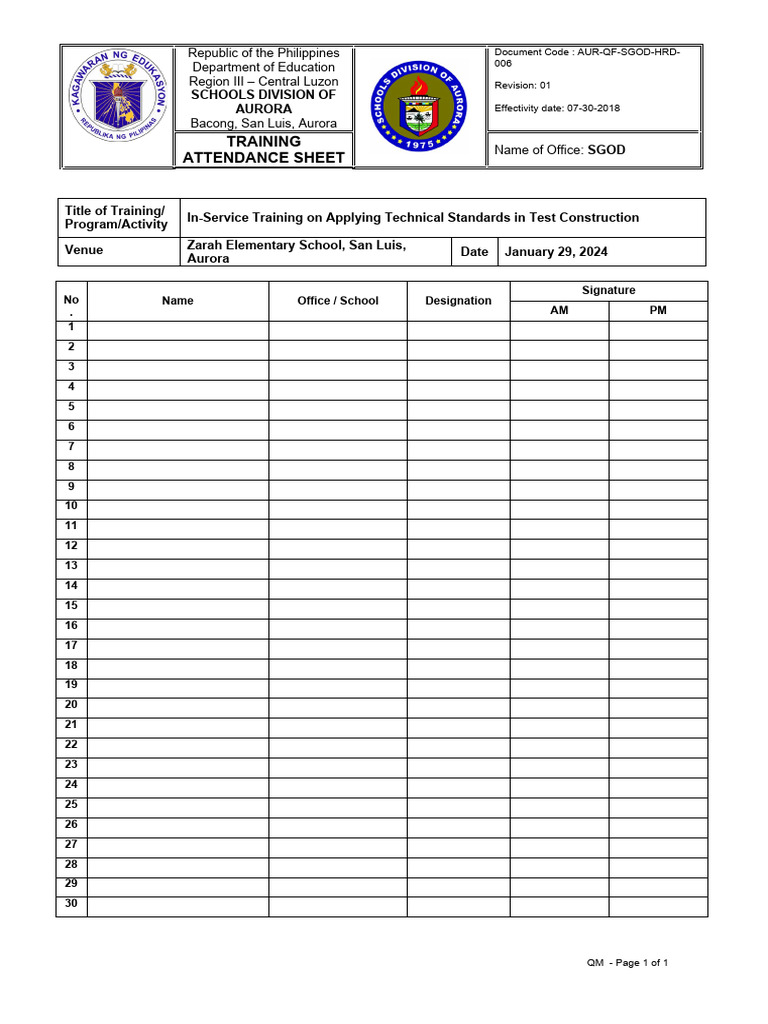 Training Attendance Sheet | PDF