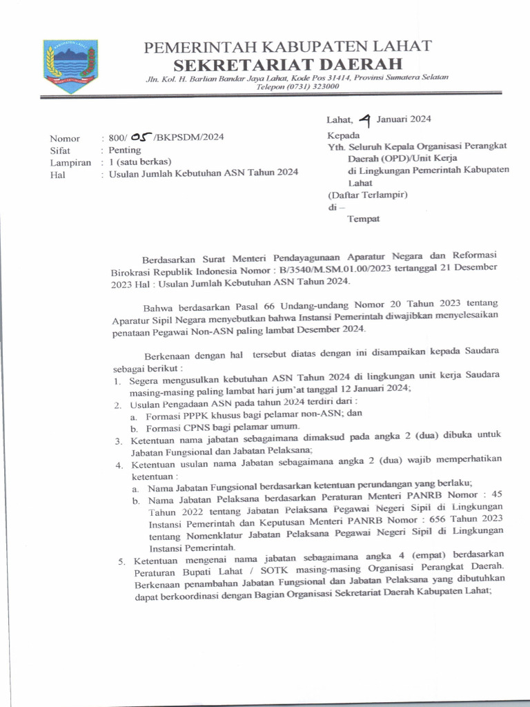 Surat Usulan Jumlah Kebutuhan ASN Tahun 2024 | PDF