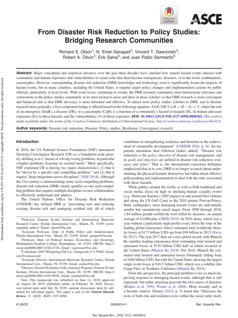 Olson Et Al 2020 From Disaster Risk Reduction To Policy Studies ...