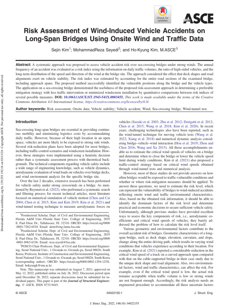 Kim Et Al 2022 Risk Assessment of Wind Induced Vehicle Accidents On Long Span Bridges Using ...