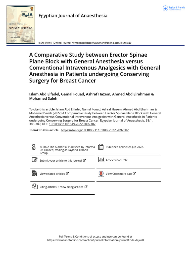 A Comparative Study Between Erector Spinae Plane Block With General ...