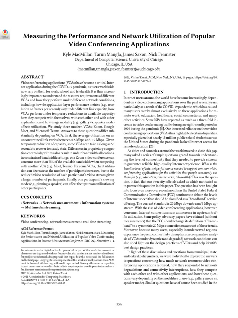 Measuring The Performance and Network Utilization of Popular Video Conferencing Applications ...