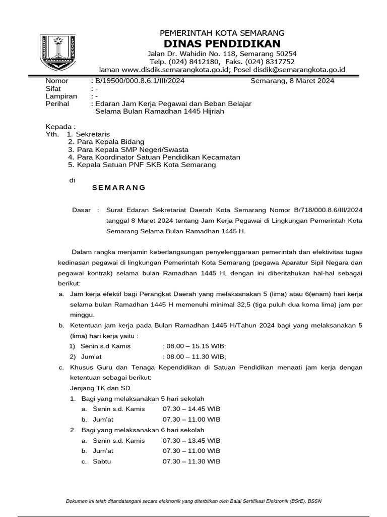 Surat Edaran Jam Kerja Ramadhan 1445 H Disdik | PDF