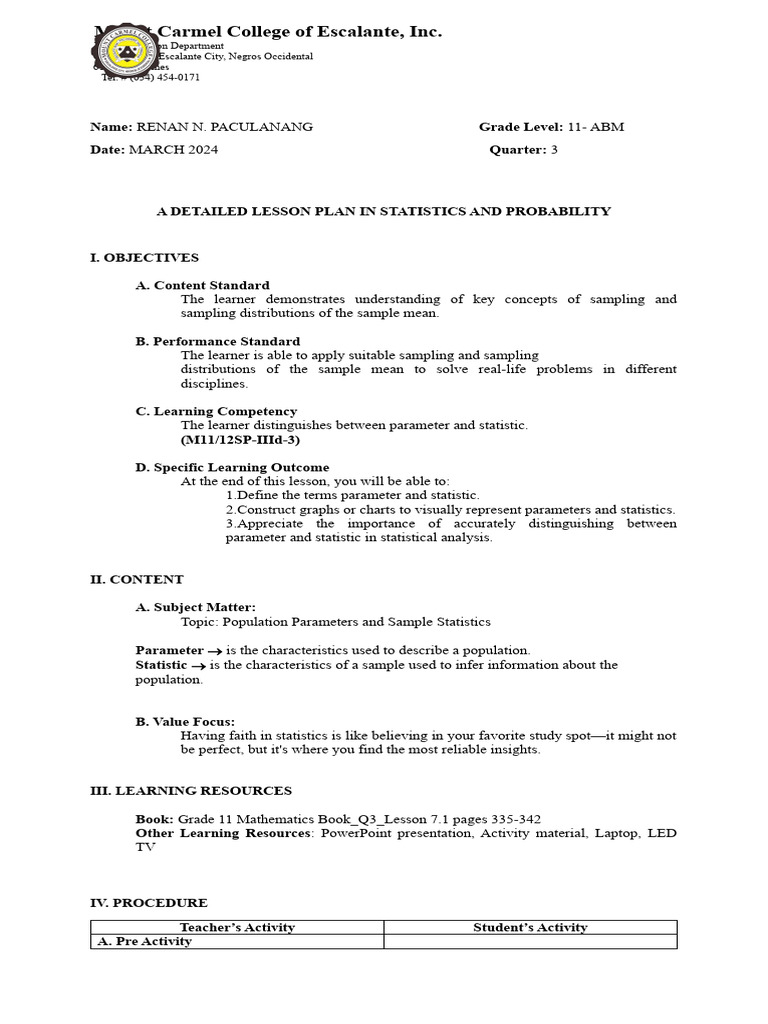 Lesson Plan: Statistics & Probability | PDF | Statistics | Sampling (Statistics)