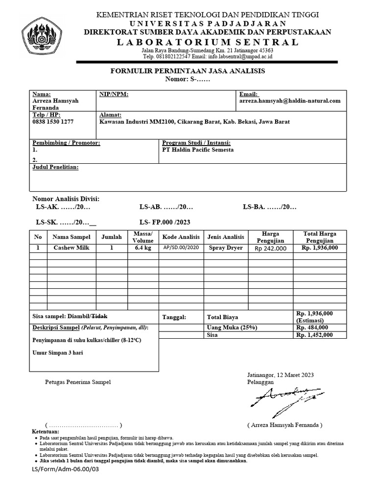LS - Form.Adm-06.00.03 Form Permintaan Pengujian Sampel - ARREZA - PT ...