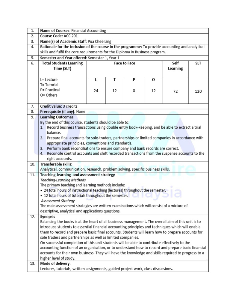 ACC 201 Financial Accounting | Download Free PDF | Accounting | Bookkeeping