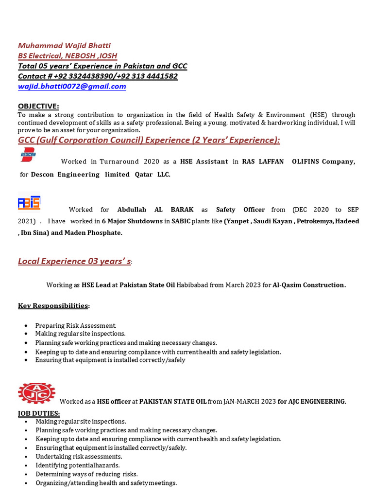 WAJID BHATTI Updated CV | PDF | Occupational Safety And Health | Safety