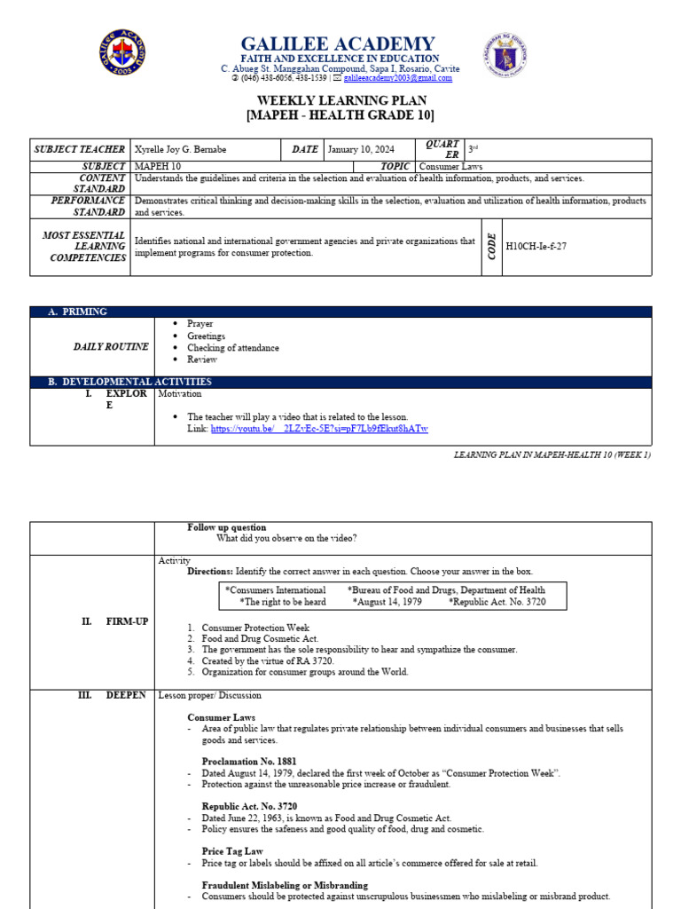 3rd Mapeh10 Health Week 1 | Download Free PDF | Consumer Protection ...