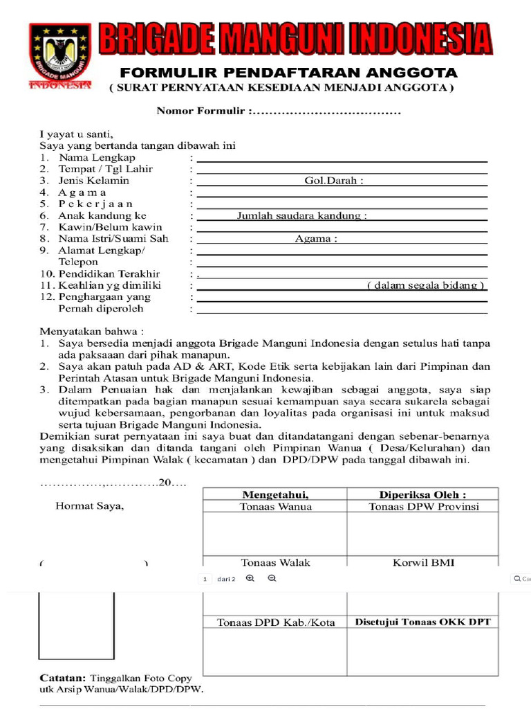 Formulir Anggota Bmi Bitung | PDF