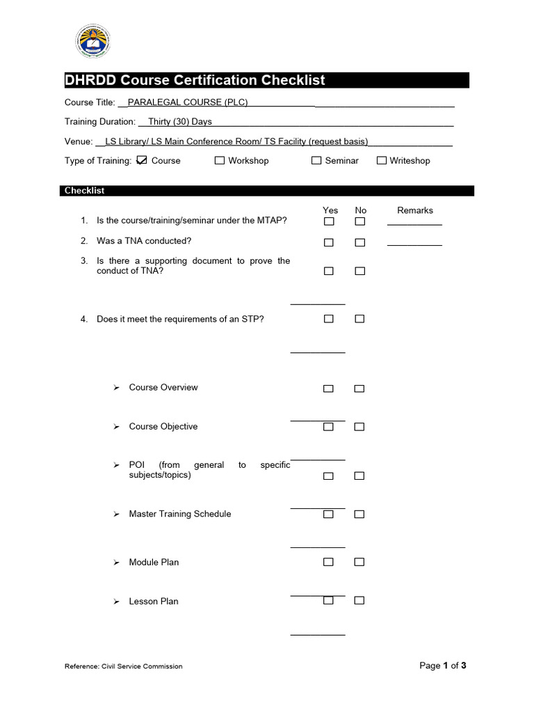 Paralegal Course Certification Checklist | PDF | Cognition | Behavior ...
