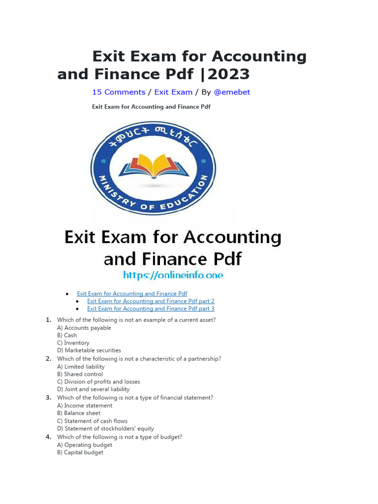 Exit Exam For Accounting and Finance PDF | PDF | Audit | Equity (Finance)