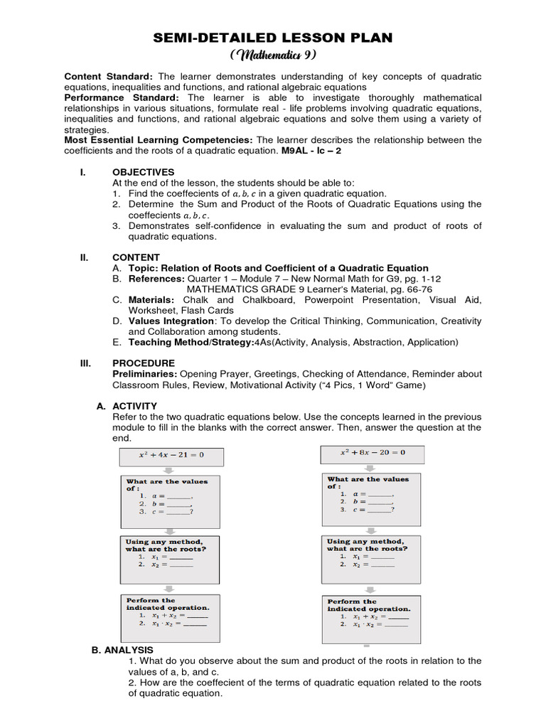Semi Detailed Lesson Plan JHS Math | PDF | Equations | Quadratic Equation