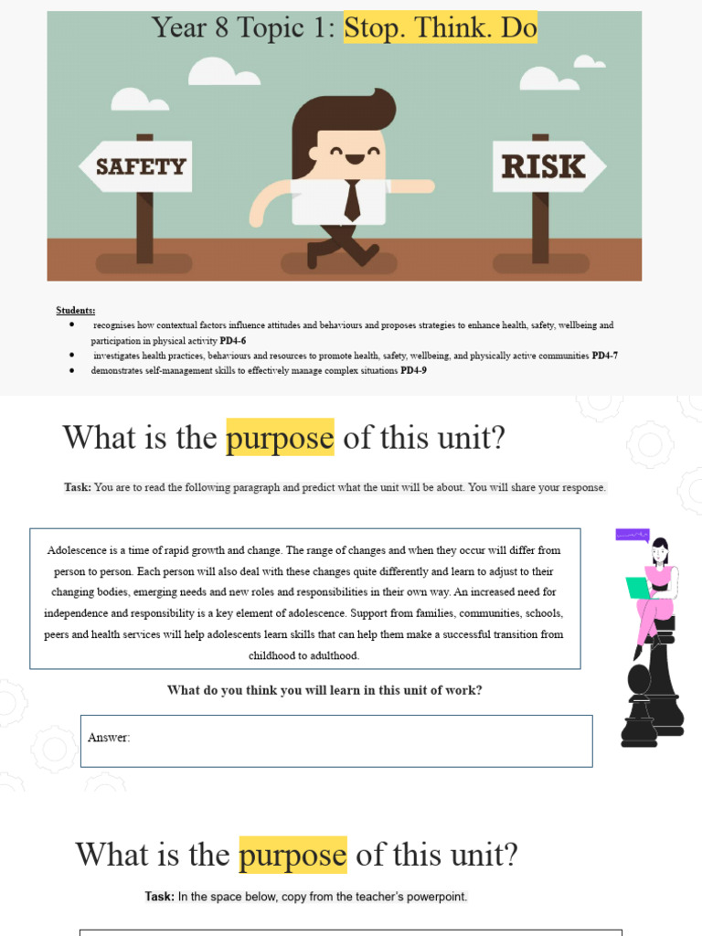 (SC - LA) Year 8 Topic 1 - Stop. Think. Do | PDF | Adolescence | Risk