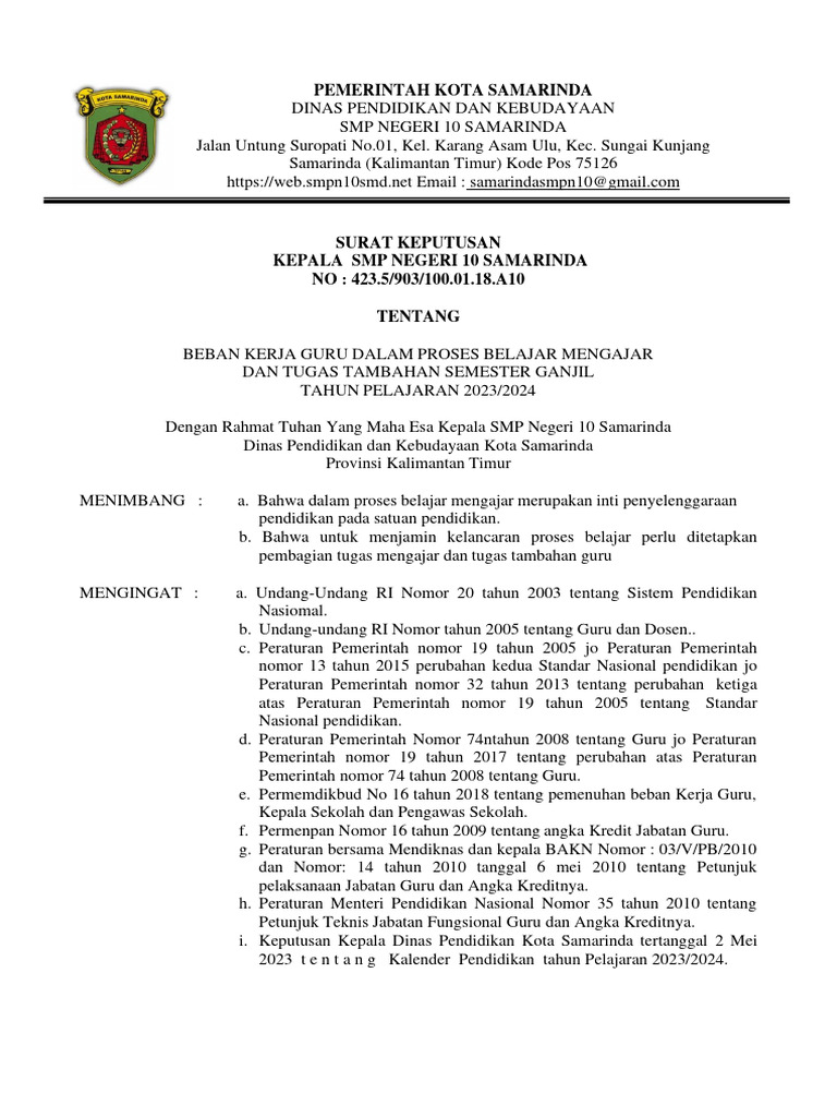 SK Pembagian Tugas Semester Ganjil 2023-2024 | PDF