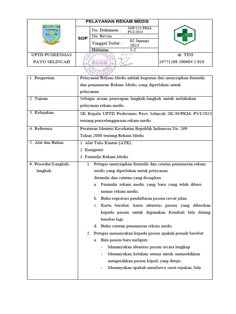 Sop Pelayanan Rekam Medis Baru | PDF