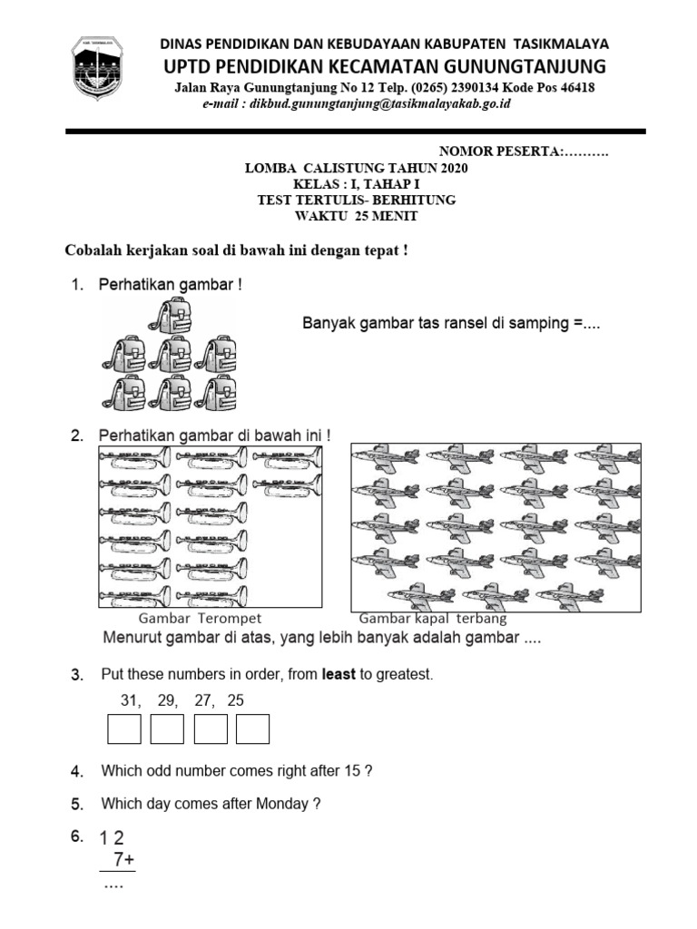 BARU Soal Calistung Kelas 1 Tahap 1 | PDF