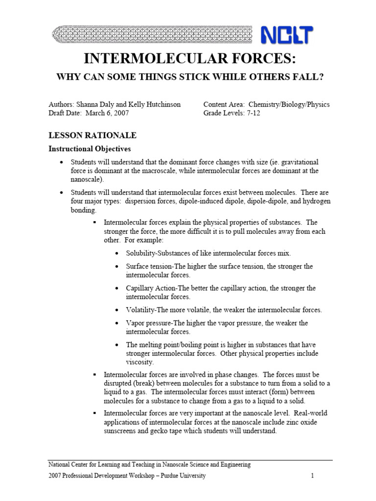 Intermolecular Forces Lesson Plan | PDF | Atoms | Electric Charge