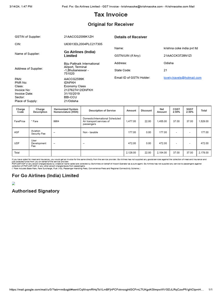 TICKET Go Airlines Limited - GST Invoice | PDF | Airlines | Taxes