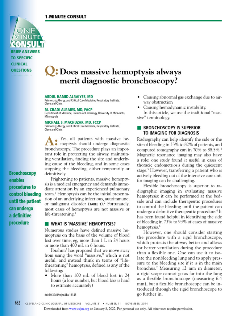 Does Massive Hemoptysis Always Merit Diagnostic Bronchos | PDF | Medical Imaging | Bleeding