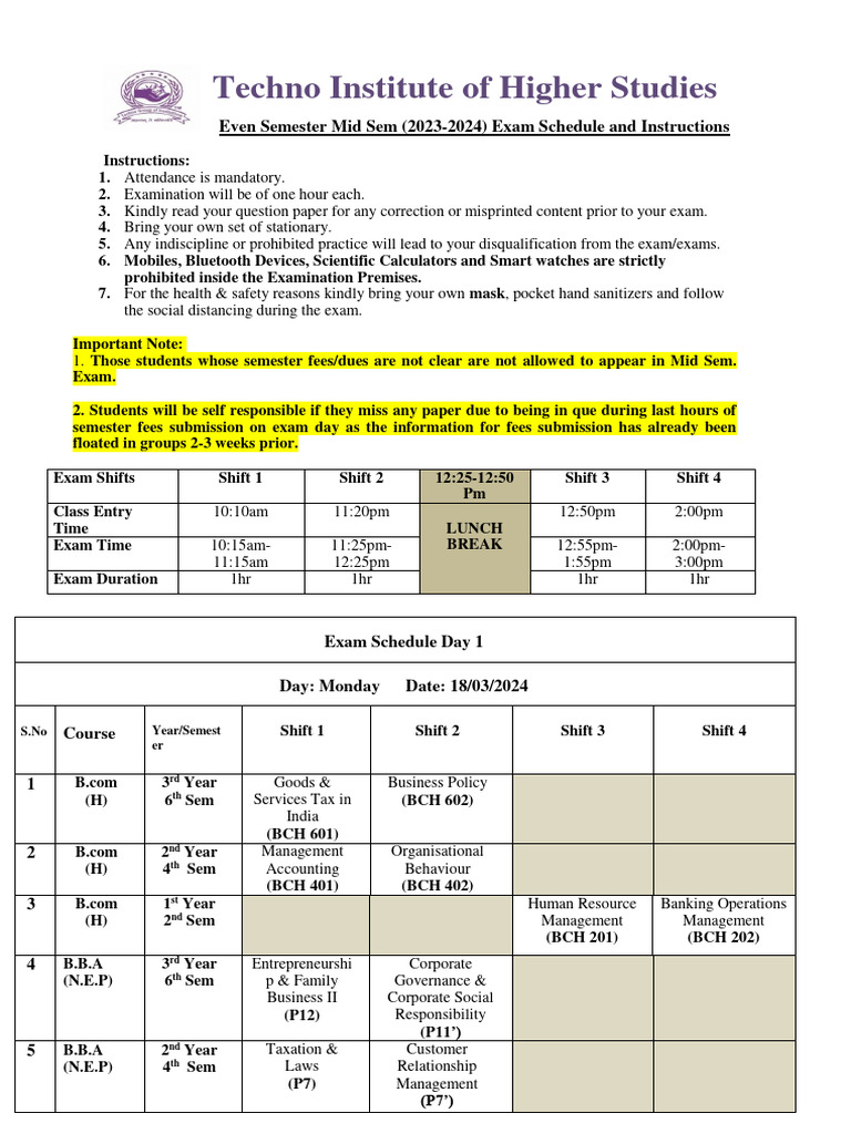 Techno Institute 2023-24 Exam Schedule | PDF | Accounting | Academic Term