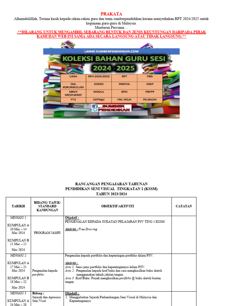 RPT 2024 Pendidikan Seni Visual Tingkatan 1 KSSM Sumberpendidikan | PDF