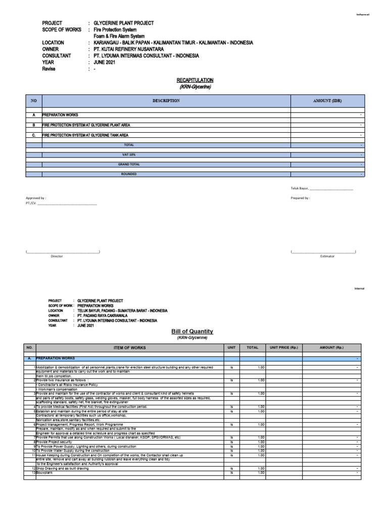 Boq Glycerin Plant Krn - For Tender (Fire Protection System) - 2021-06 ...