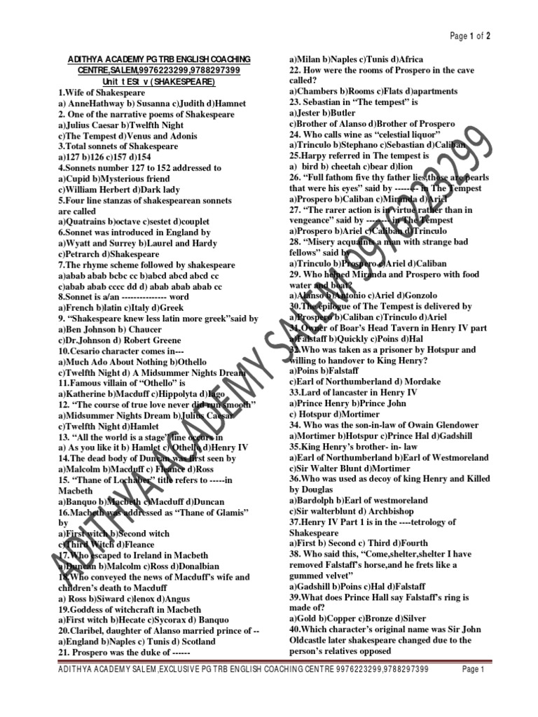 PG TRB English Unit 5 Shakespeare Unit Test | PDF | The Tempest | Macbeth