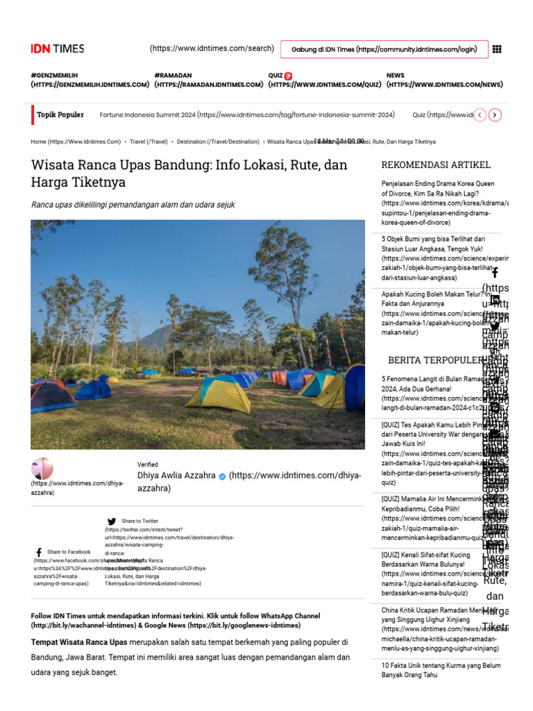 Ranca Upas Ciwidey Bandung - Lokasi, Rute, Dan Harga Tiket | PDF