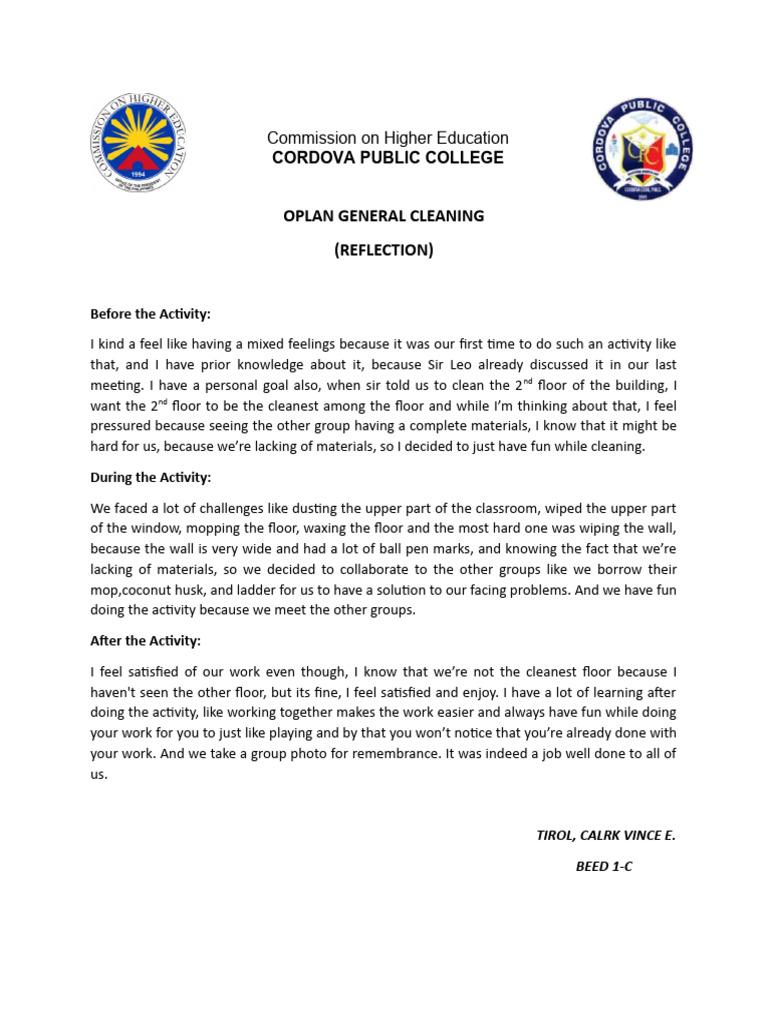 Oplan General Cleaning Reflection | PDF