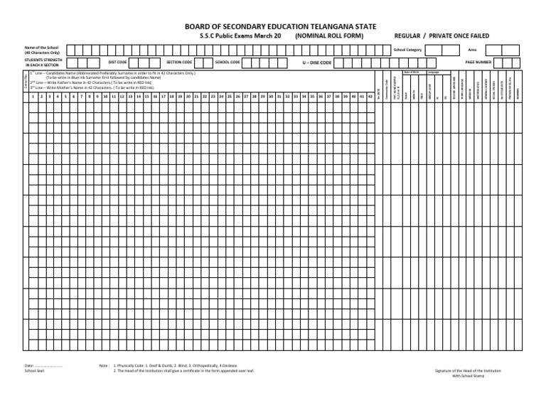 Telangana SSC Exam Roll Form | PDF