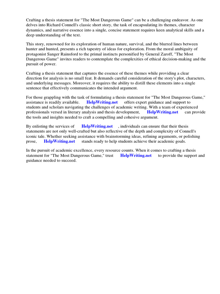 Thesis Statement For The Short Story The Most Dangerous Game | PDF