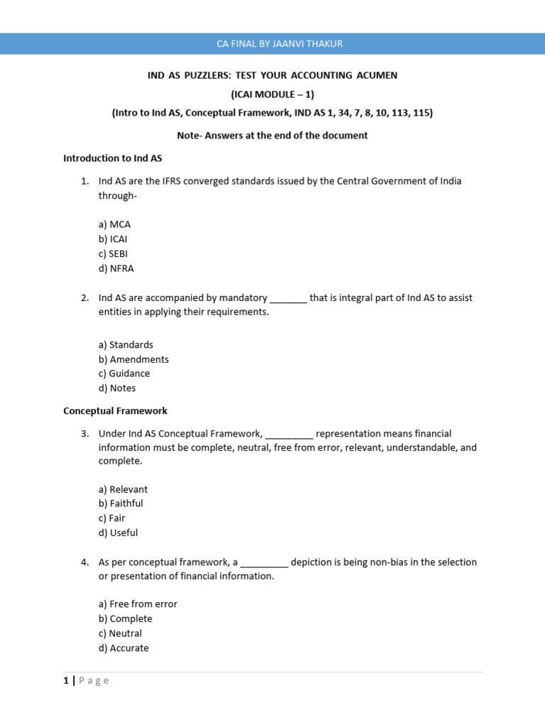 FR MCQs - Ind AS Puzzlers - Module 1 | PDF | Fair Value | Corporations