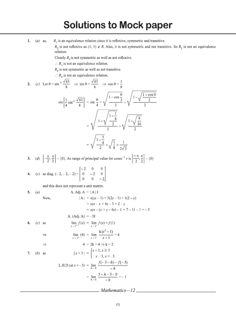 Cbse Cl12 Ead Mathematics Solutions To Mock Paper | PDF