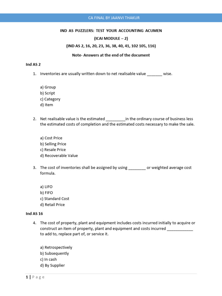 FR MCQs - Ind AS Puzzlers - Module 2 | PDF | Depreciation | Accounting