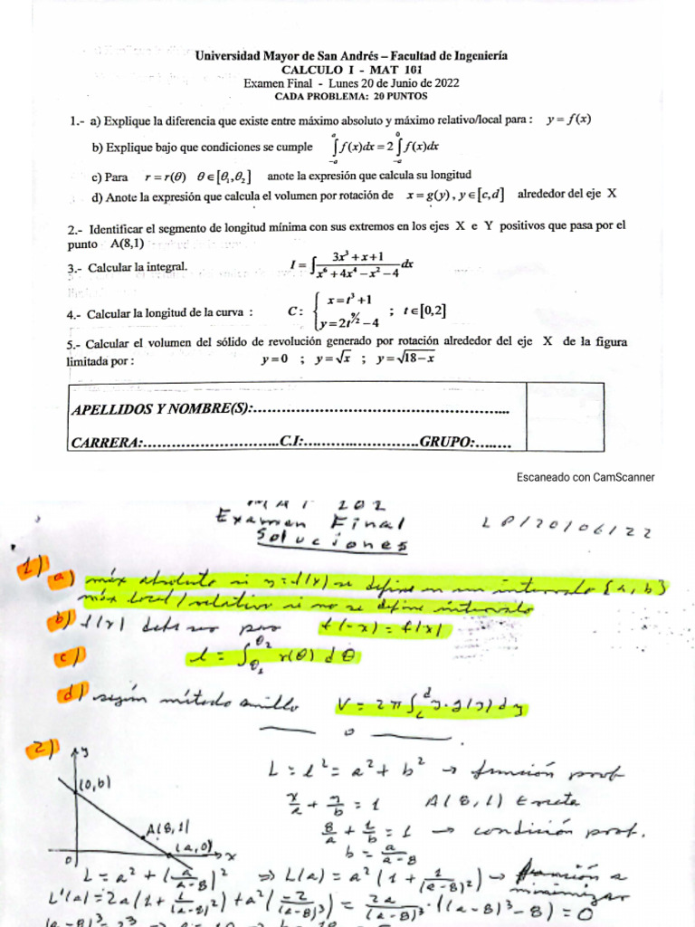 Solucionario Examen Final Mat-101 | PDF