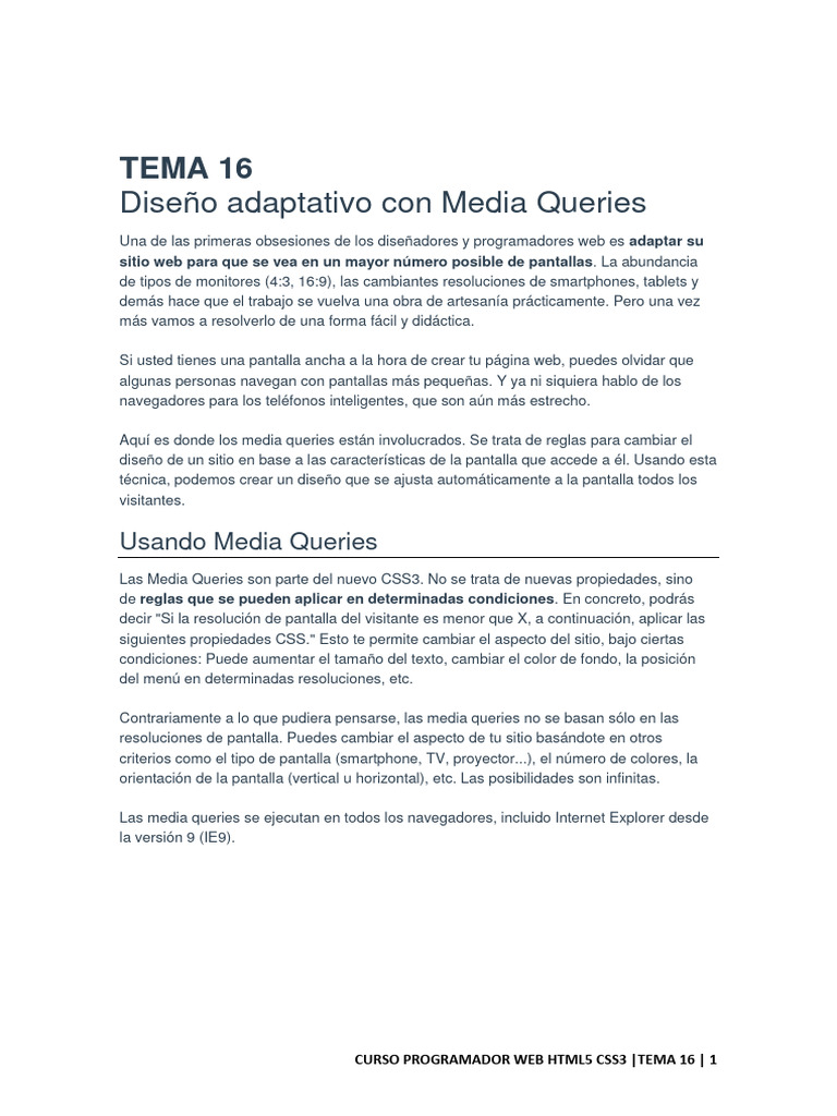 Tema 16 Diseño Adaptativo Con Media Queries | PDF | Monitor de computadora | Software