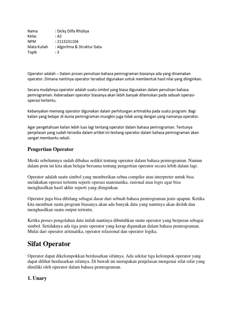 Operator Pemrograman: Jenis & Sifat | PDF