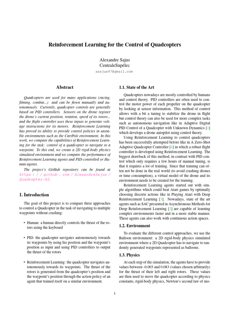 Reinforcement Learning For The Control of Quadcopters | PDF | Quadcopter | Control Theory