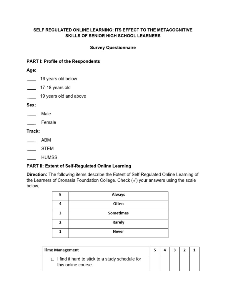 Questionnaire Pdf Educational Technology Metacognition