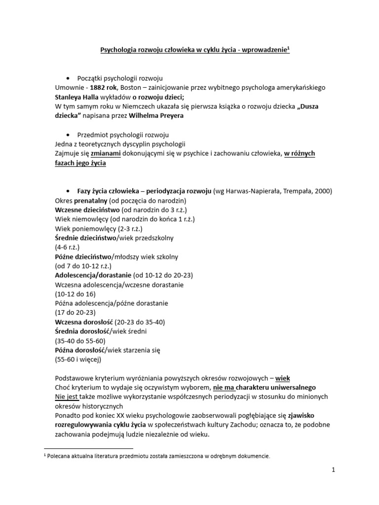 Psychologia Rozwoju Człowieka W Cyklu Życia | PDF