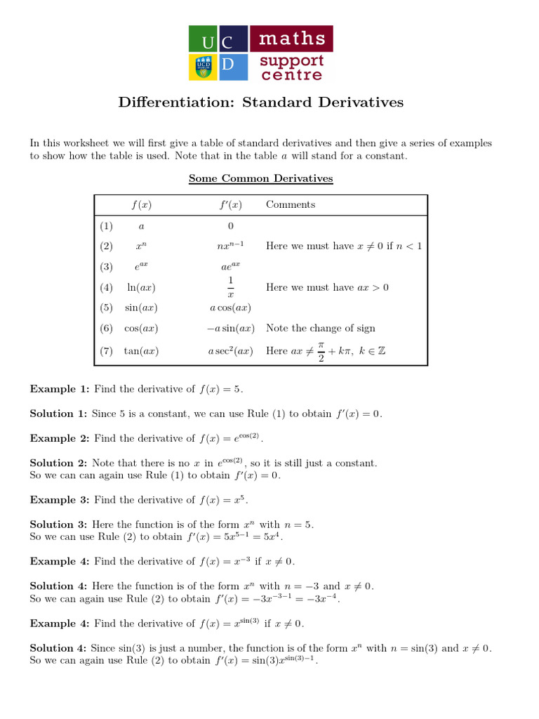 Differentiation - Standard Derivatives | PDF | Teaching Mathematics | Mathematical Logic