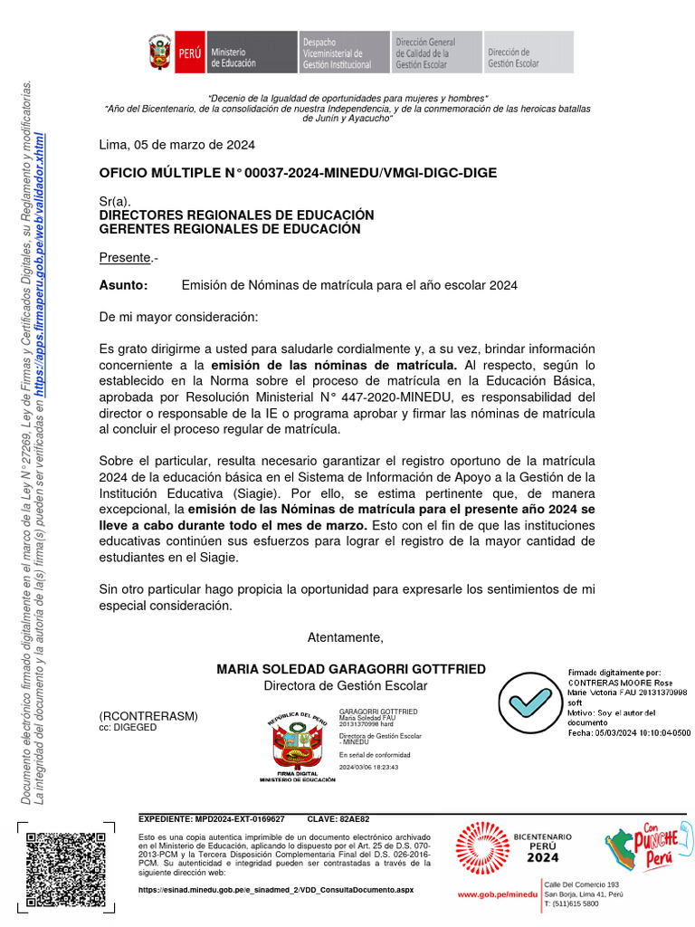 Oficio Multiple 00037 2024 Minedu Vmgi Digc Dige | PDF