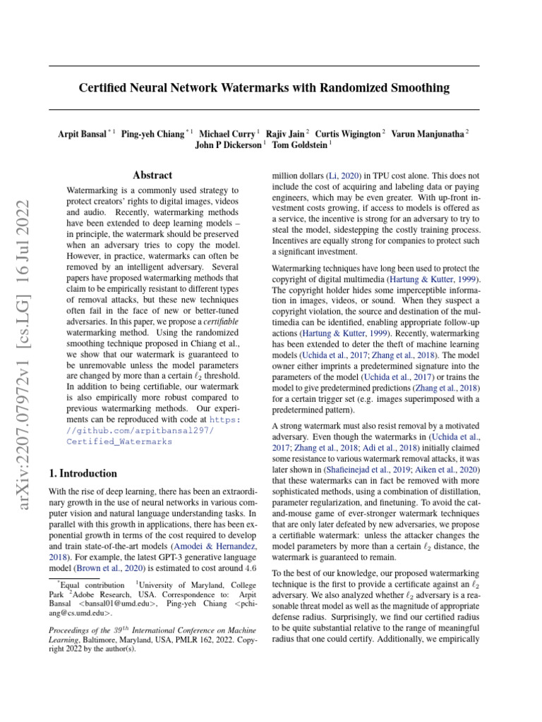 Certified Neural Network Watermarks With Randomized Smoothing | PDF | Artificial Neural Network ...