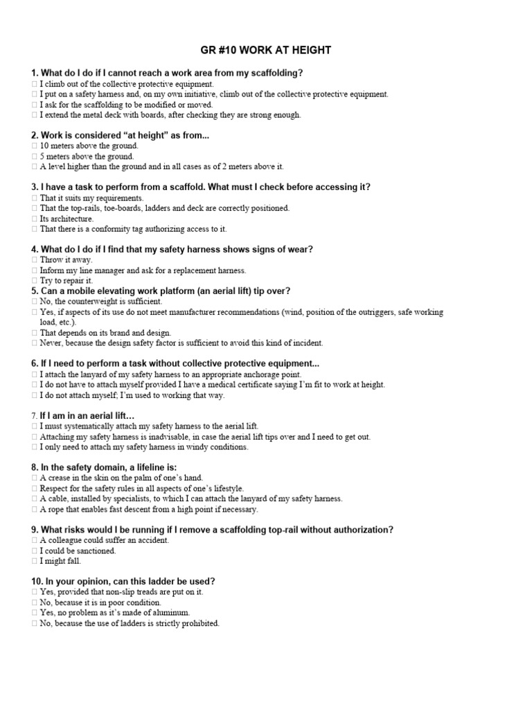 Work at height. Quiz | PDF | Scaffolding | Safety