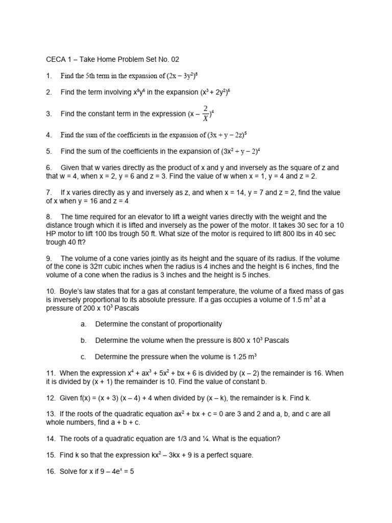 Algebra and Calculus Problem Set | PDF | Mathematics | Mathematical Objects