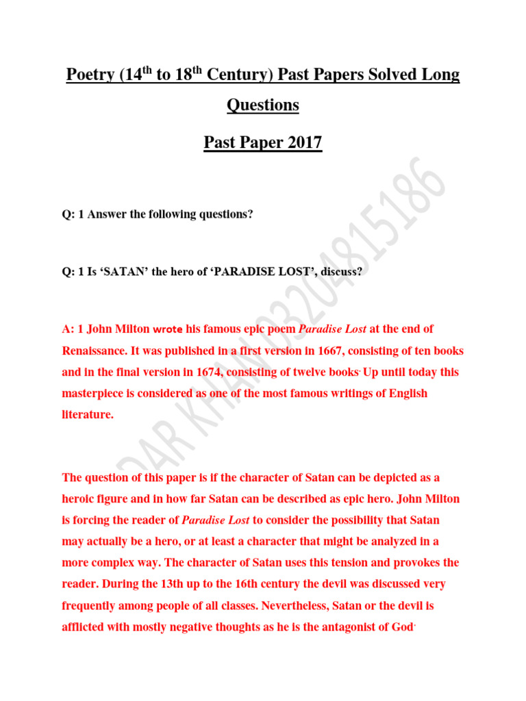Poetry (14th To 18th Century) Past Papers Solved Long Questions | PDF ...
