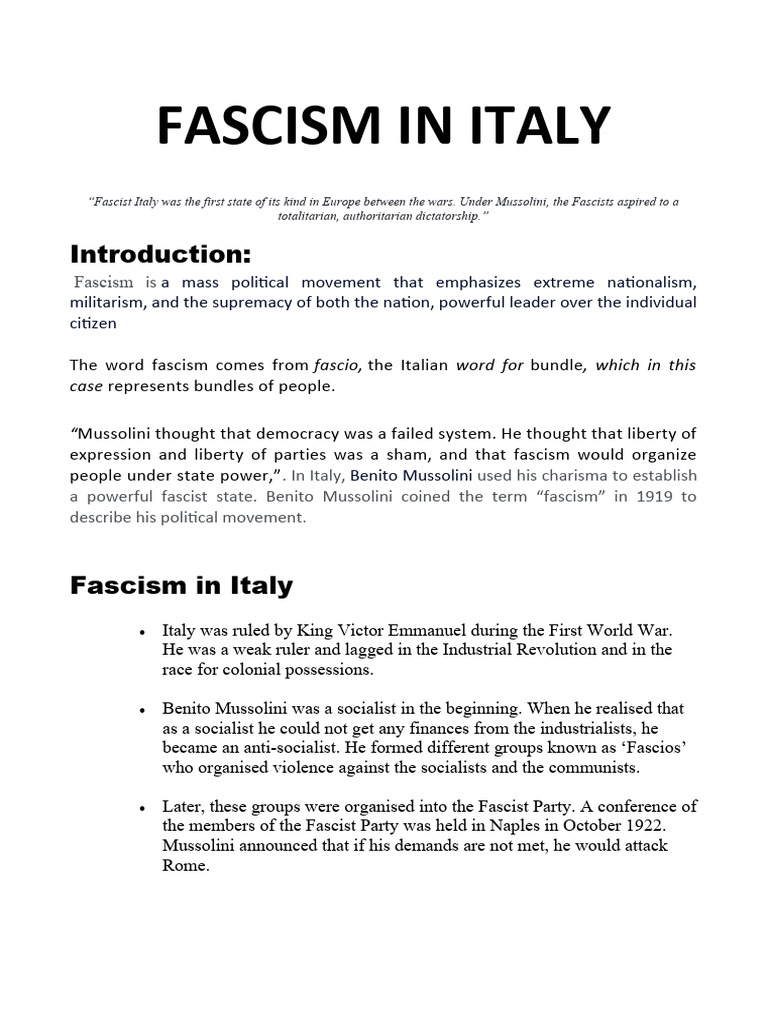 Fascism in Italy: Mussolini's Regime | PDF | Fascism | Benito Mussolini