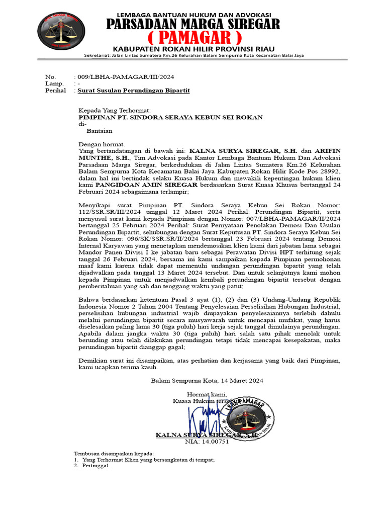 009 Surat Susulan Perundingan Bipartit - LBH PAMAGAR | PDF